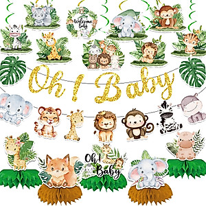 Jungle Wild Animal Baby Shower Decorations, Wild One Birthday Decorations Include Animals Banner, Hanging Swirls and Honeycomb Centerpieces, Wild Safari Baby Shower Decorations