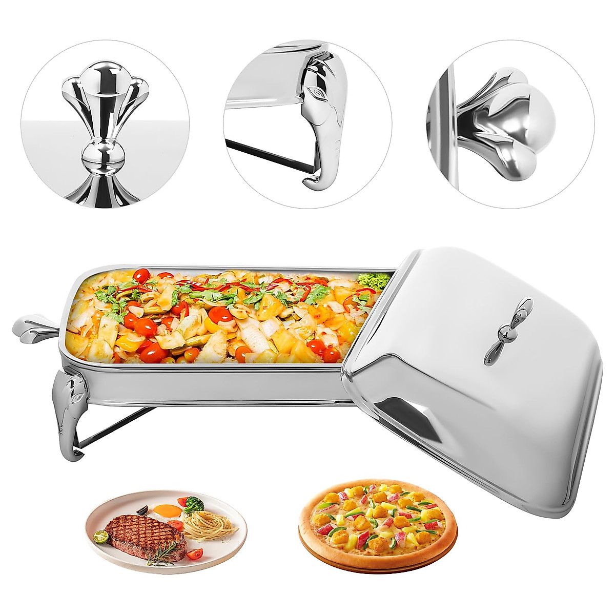 Chafing Dish Buffet Set Stainless Steel Chafing Servers with Handle and Lid Rectangular Food Warmer for Catering Event Birthday Party Buffet Food Warming Trays with Fuel Holder 2.9L, Silver