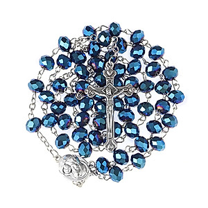 WHLHMK Rosary Beads Catholic for Women With Rosary Box, Blue Crystal Beads Rosary Necklace with Last Supper Vintage Jewelry Box, Anglican Prayer Beads Christian Gifts for Women Catholic Gifts