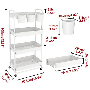 JIUYOTREE 4-Tier Plastic Rolling Storage Cart Utility Cart with Extra Hanging Cups Handles Lockable Wheels for Living Room Bathroom Kitchen Office White