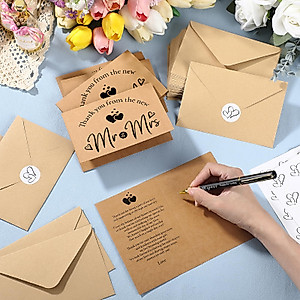 Spakon 100 Sets Wedding Thank You Cards with Envelopes and Stickers Wedding Themed Kraft Paper Thank You Card with Message Inside Mr and Mrs Thank You Notes for Bridal Shower Anniversary Guests