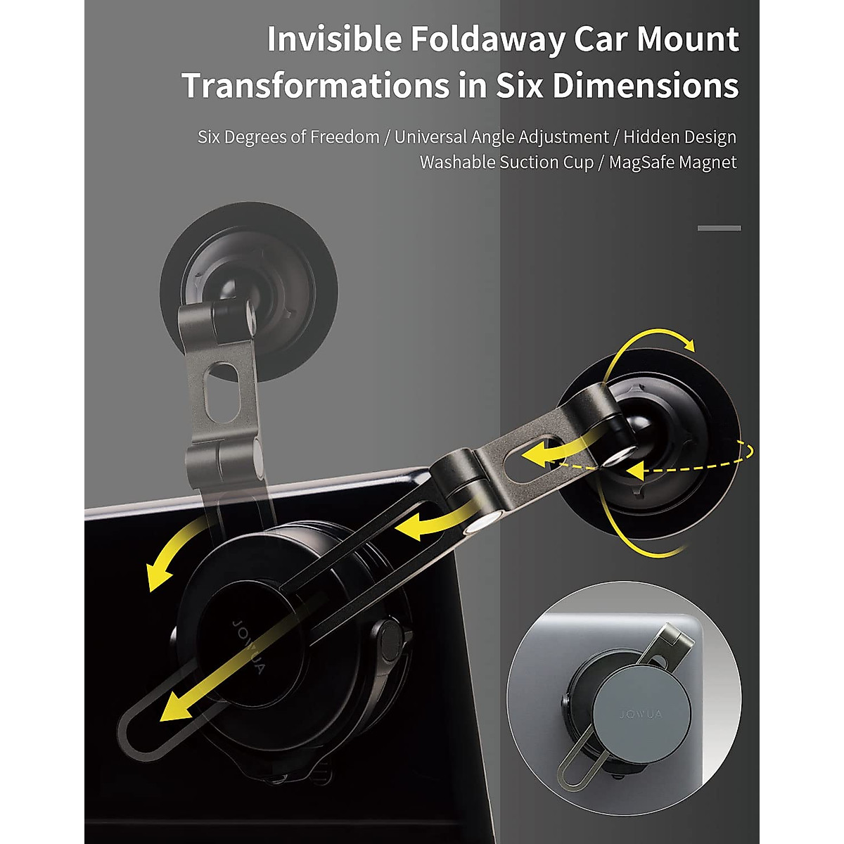Jowua 6D Invisible Foldaway car Mount Compatible with magsafe, Compatible for Tesla Model 3/ Y, Model S/X Plaid (6D Suction Cup)