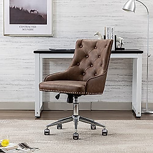 KCC Office Desk Chair Modern Button Tufted Mid-Back Home Office Chair with Nailhead Trim, Ergonomic Height Adjustable Swivel Armchair with Wheels and Metal Base for Study Living Room, Brown PU