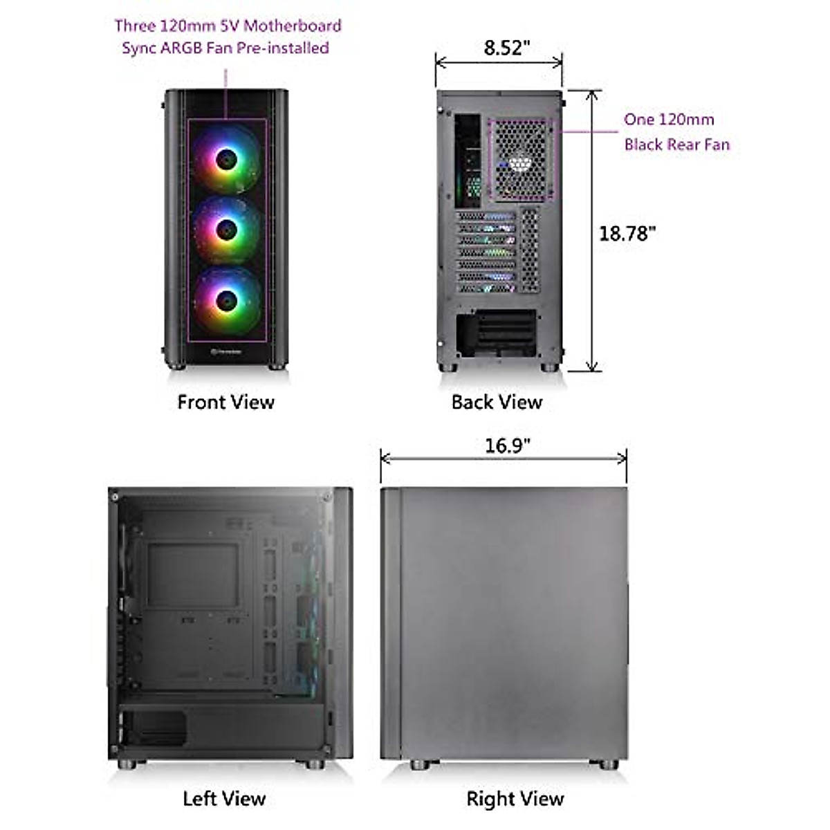 Thermaltake V250 Motherboard Sync ARGB ATX Mid-Tower Chassis with 3 120mm 5V Addressable RGB Fan + 1 Black 120mm Rear Fan Pre-Installed CA-1Q5-00M1WN-00