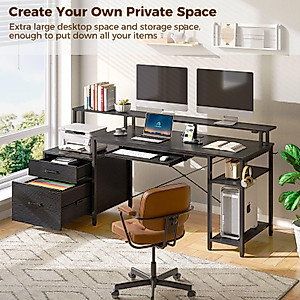 Rolanstar Computer Desk 63" with File Drawer, Gaming Desk with LED Light & Power Outlets, Home Office Desk with File Cabinet & Storage Shelves, with Monitor Stand & Keyboard Tray, Black