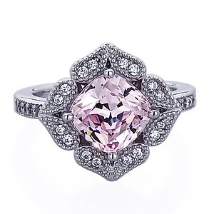 DoubleAccent Platinum Plated Sterling Silver Ring 2 CT Cushion Pink CZ Stone Milgrain Heart Flower Design Vintage Ring (Size 5 to 9), 5