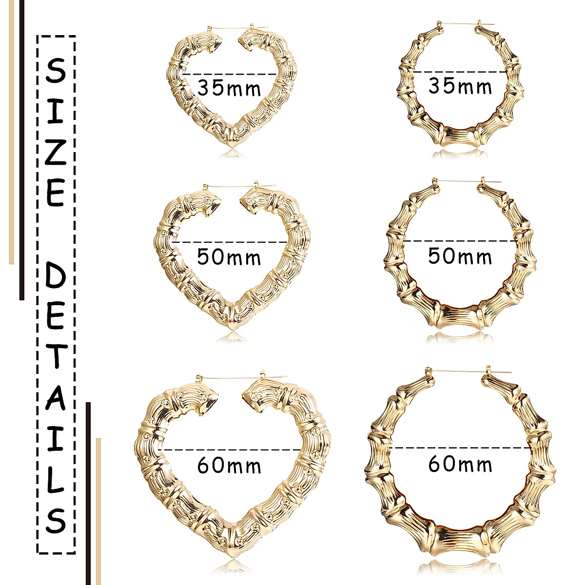 Fansilver 6Pairs Bamboo Earrings Set Hollow Casting Hip-Hop Large Bamboo Earring For Women Oversize Different Shape Gold Hoop Earrings Set Fashion Rapper Accessories Jewelry