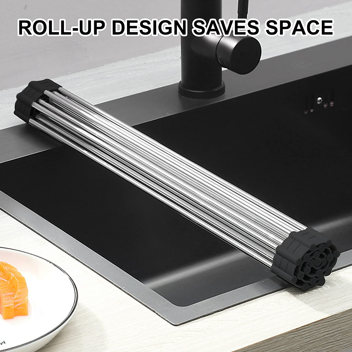 NileHome Roll Up Dish Drying Rack, Sink Drying Rack Over Sink Dish Drying Rack 304 Stainless Steel Foldable Drain Rack for Kitchen Sink Counter Utensils Vegetables and Fruits (17.5''X16.5'')，Black