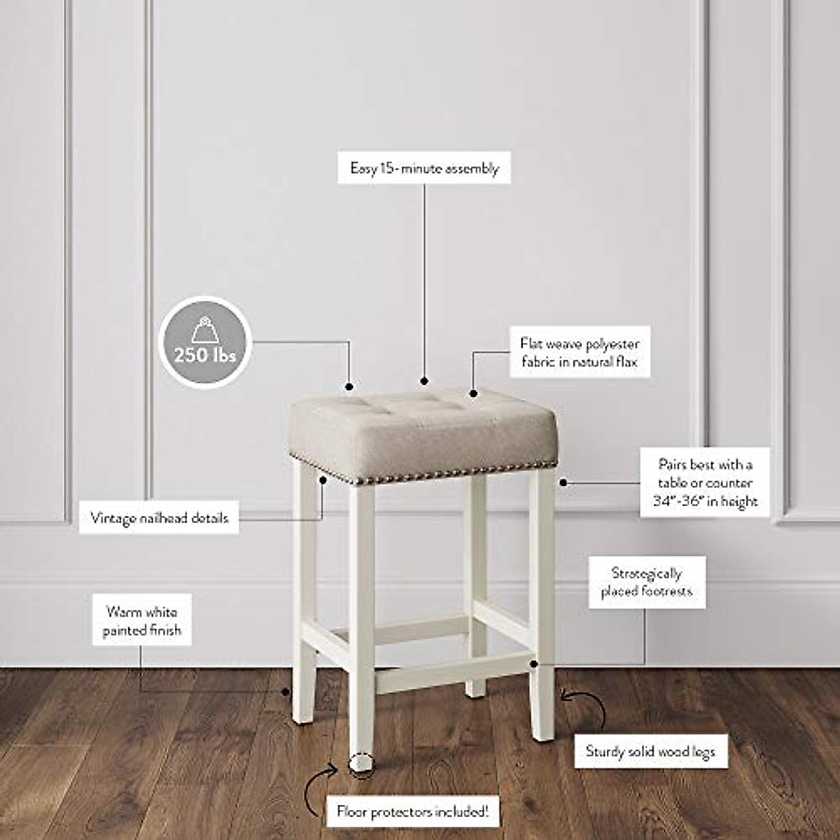 Nathan James Hylie Nailhead Wood Pub-Height Kitchen Counter Bar Stool 24", Natural Flax/White