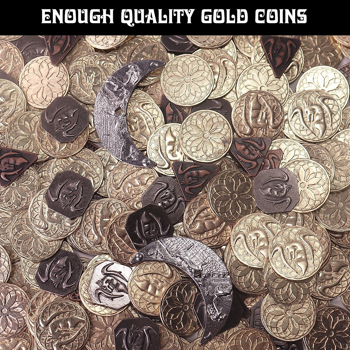 145PCS Metal DND Coins & Leather Bag, Contains 60 Gold Coins, 40 Sliver Coins, 40 Copper Coins and 5 Platinum Coins, Tokens with Glow in The Night Eyes Bag for RPG Tablelap Games