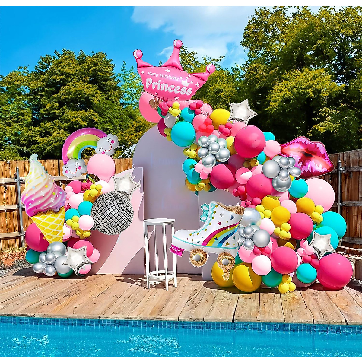 137PCS Pink Teal Balloon Garland Arch Kit with Hot Pink Silver Disco Roller Skate Balloon for Priness Theme Birthday Party Girl Summer by Beach Pool party decorations