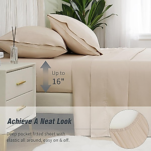 DOWNCOOL Queen Sheet Set - 100% Cotton Sheets Queen Size Set, 400 Thread Count Sateen, 16" Deep Pocket Queen Sheets, Silky Soft & Breathable Queen Bed Sheets, 4-Piece Hotel Luxury Beige Sheets Set