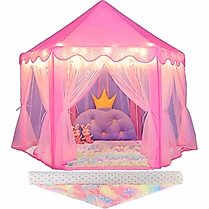 AÖARLO Princess Play Tent with Rainbow Rug and Lights, Odorless Princess Tent for Girls 3-7, Indoor Play Tent Toy House, ASTM Certified Mosquito Prevention, 55'' X 53'' (DxH)