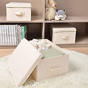 Storage Bin 2 Pack, Large Storage Bins with Lids, Vailando Decorative Storage Boxes Fabric Cotton Linen Collapsible Basket for Bedroom Closet Shelves Office Nursery ( Beige)