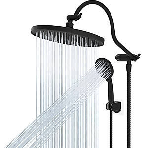 Hibbent 10'' Self-cleaning Rain Shower Head, High Pressure Handheld Shower Head, Showerhead Combo with 12'' Adjustable Curved Shower Extension Arm, 7-Spray, 71'' Hose, Showerhead Holder, Matte Black
