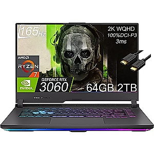 ASUS ROG Strix G15 15.6" 2K 165Hz (AMD Ryzen 7 6800H, 64GB RAM, 2TB PCIe SSD, GeForce RTX 3060 6GB) RGB Backlit Keyboard Gaming Laptop, Type-C, W-iFi 6E, IST Cable, Win 11 Home
