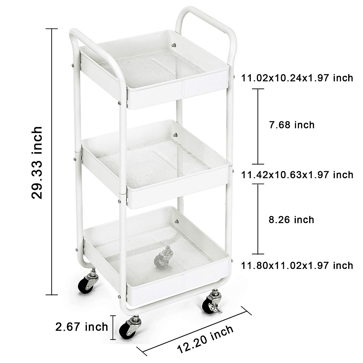 3-Tier Metal Utility Rolling Cart, Bathroom Supply Carts with Handles and Roller Wheels, Trolley Organizer for Kitchen Home Bedroom Office, White