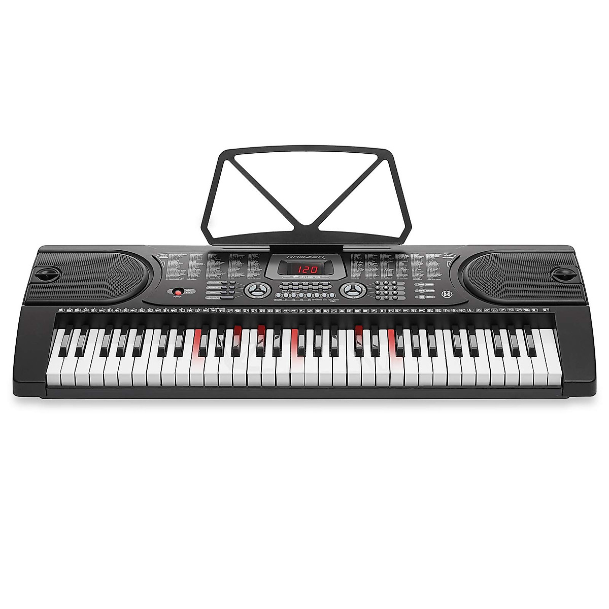 Hamzer 61-Key Electronic Keyboard Portable Digital Music Piano with Lighted Keys, H-Stand, Stool, Headphones, Microphone, & Sticker Set