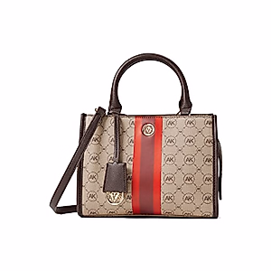 Anne Klein Mini Logo Satchel, Cream-Brown/Espresso w/Red-Rhubarb Stripe