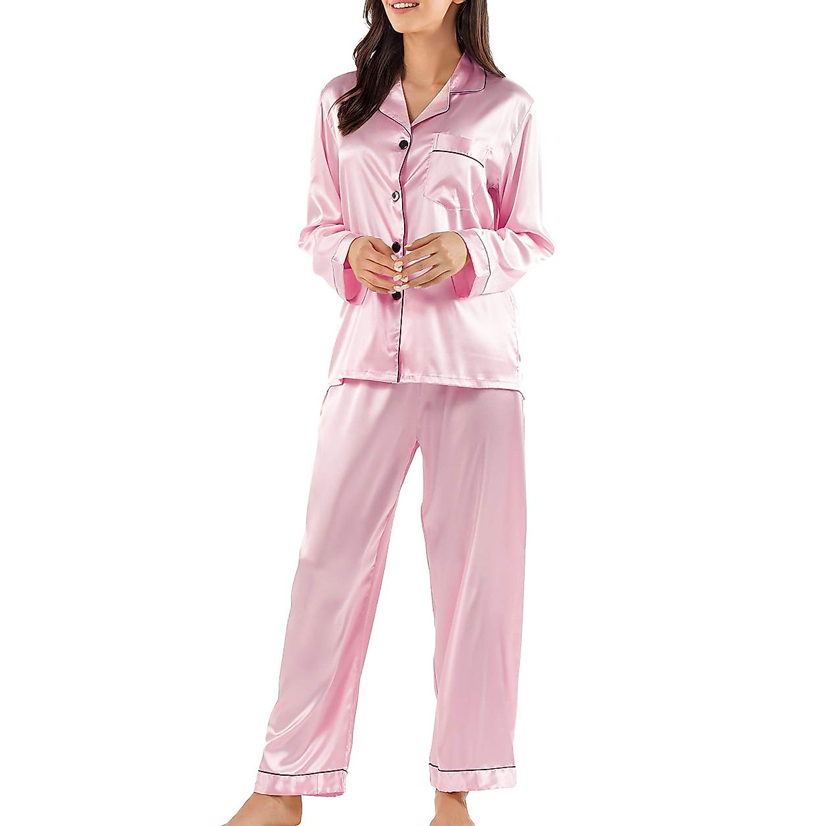 Ladieshow Silk Pjs for Women Set,Long Sleeve Button Down Sleepwear Pjs Set Loungewear Pink