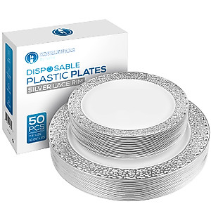 Elegant Plastic Dinner Plates Set China Link Disposable Dinnerware Set With Beautiful White Silver Lace Rims Plate Set Comes With 25 Dinner 10.25'' Plates 25 Salad Plates 25 7.25''