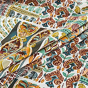 YuHeGuoJi Beige Paisley Duvet Cover Queen 100% Cotton Rust Floral Duvet Cover 3 Pcs Set 1 Exotic Boho Damask Patterned Duvet Cover with Zipper Ties 2 Pillowcases Bohemian Flower Bedding Set Soft