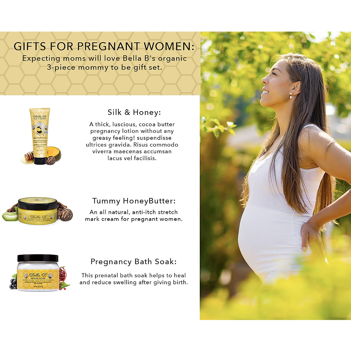 BELLA B 3-Piece Gift Set - Pregnancy Gifts For First Time Moms - Pregnant Mom Gifts - Mom To Be Gifts - Pregnancy Gift Basket - Sitz Bath Soak - Honey Tummy Butter - Silk And Honey Moisturizing Cream
