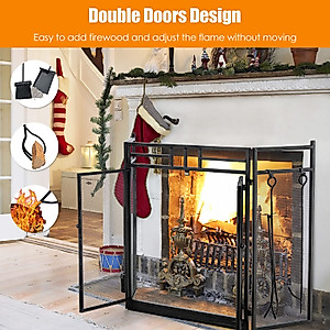 Tangkula 3-Panel Folding Fireplace Screen with Magnetic Hinged Doors, Fire Spark Guard with Fireplace Tools Set, Wrought Iron Decorative Mesh Cover with Wood Burning Stove Accessories, Black