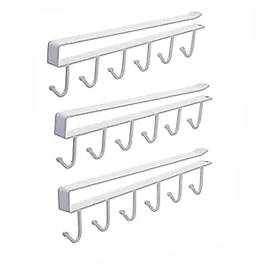 UEUORF 3PCS 6 Hook Under Cabinet Mug Hanger, Mug Hook Hanger Under Shelf,Cups Storage Rack Drilling Free Coffee Cups Holder Kitchen Belts Scarf Hanging Hooks Rack (White)
