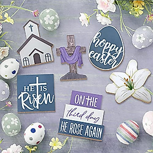 Guoofu Easter Tiered Tray Decor, 6 Pieces Farmhouse Tray Decorations, Happy Easter He is Risen Cross Eggs Lily Religious Wooden Signs, Rustic Easter Faith Decor for Home Table Mantel Church Party