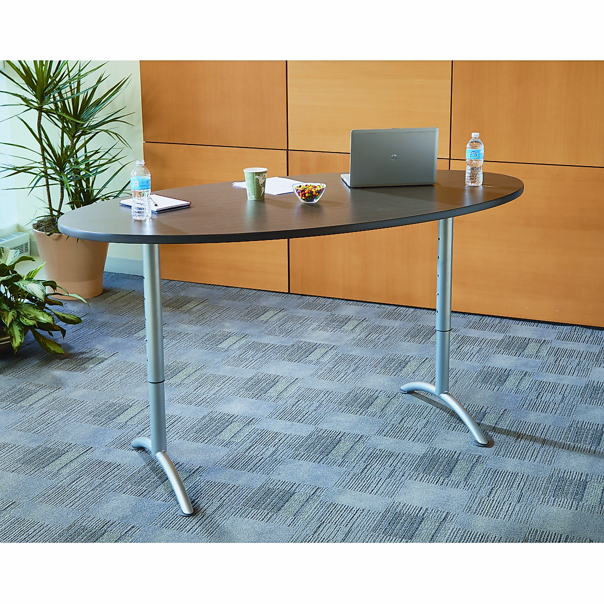 Iceberg ARC 6-Foot Adjustable Height Oval Conference Table, 36" W x 72" L, Gray Walnut/Silver Leg