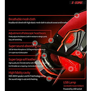 5 CORE Gaming Headset for PS4 PC One PS5 Console Controller, Noise Cancelling Microphone Over Ear Stereo Headphones with Mic, LED Light, Bass Surround, Earmuffs for Laptop Mac NES Games HDP GM1 R