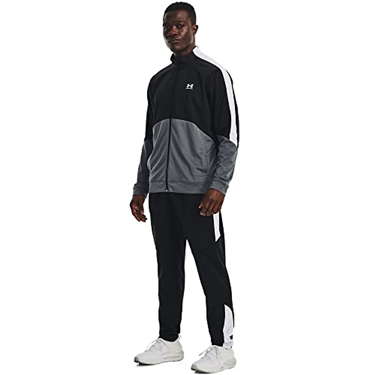 Under Armour Men's Standard Tricot Fashion Jacket, (001) Black/Pitch Gray/White, Small