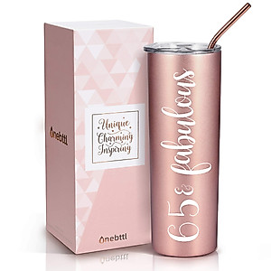 Onebttl 65th Birthday Gifts for Women, 65 & Fabulous, 20 Oz Insulated Stainless Steel Skinny Wine Tumbler for Mom, Best Friend, Sister, Aunt, Wife, Coworkers, Rose Gold