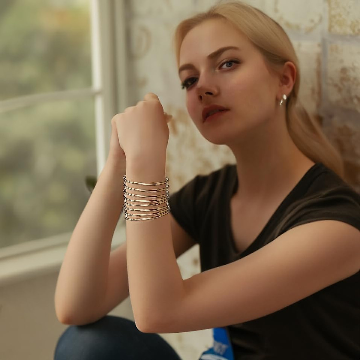 LinnaLove Fashion Shiny Thin Round Stainless Steel Bangle Bracelets for Women (1/3/5/8 Set)-Silver-8 Set