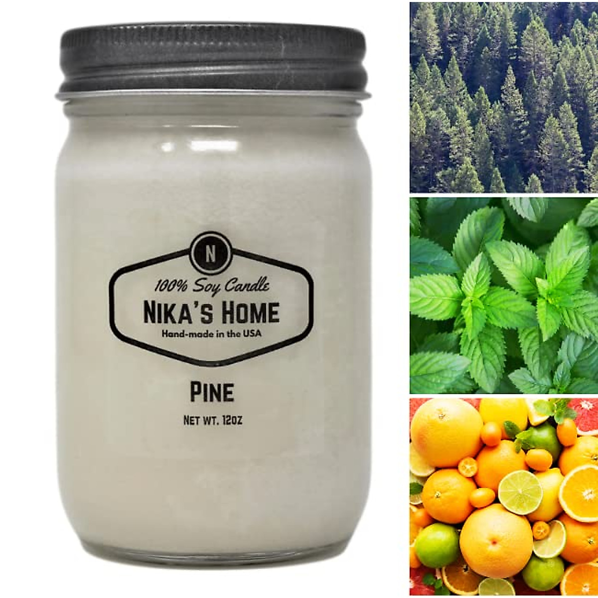 Nika's Home Pine Soy Candle 12oz Mason Jar Non-Toxic White Soy Candle-Hand Poured Candle- Handmade, Long Burning 50-60 Hours Highly Scented All Natural, Clean Burning Large Candle Gift Décor