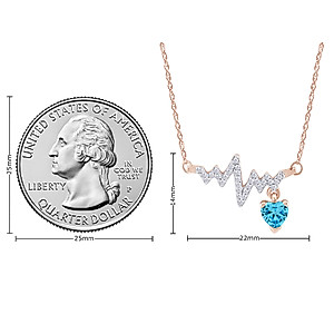 Wishrocks Heart & Round Cut Simulated Aquamarine & White Cubic Zirconia Heartbeat & Heart Pendant Necklace Along with 18" Silver Chain Jewelry for Women in 14k Rose Gold Over Sterling Silver