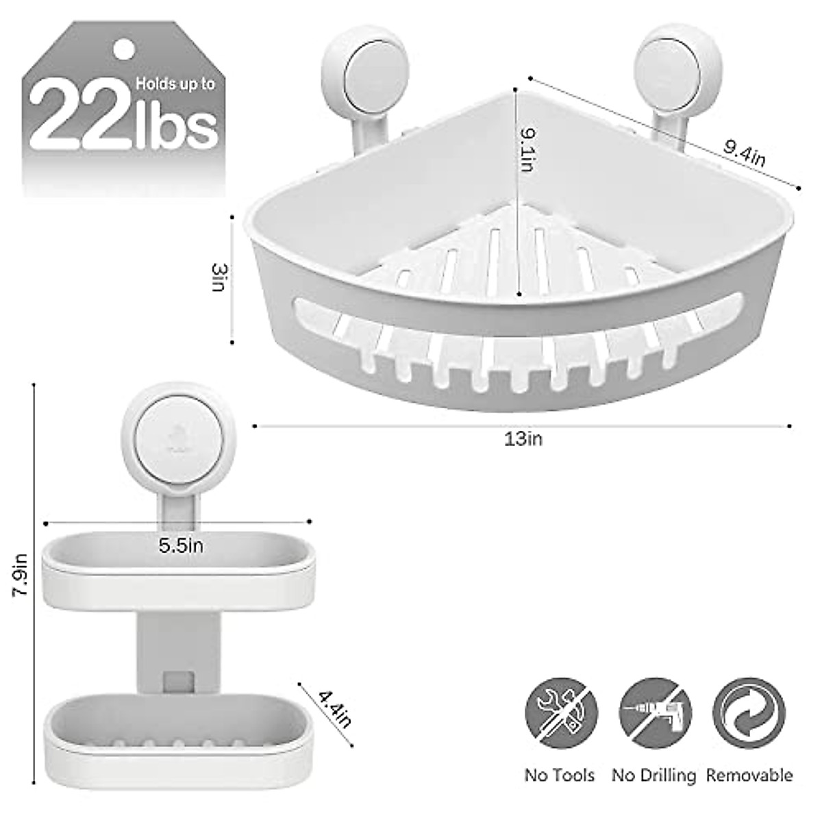 LEVERLOC Corner Shower Caddy Suction Cup NO-Drilling Soap Dish Suction Cup Removable Bathroom Shower Shelf Heavy Duty Caddy Organizer for Bathroom & Kitchen