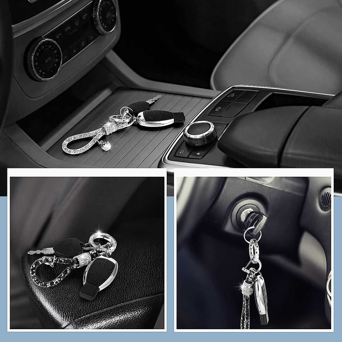 Crystal Bling Car Keychain for Women Glitter Rhinestone Keychain Ring Strap Keychain Accessories Car Key Decorations, Black, White, Large