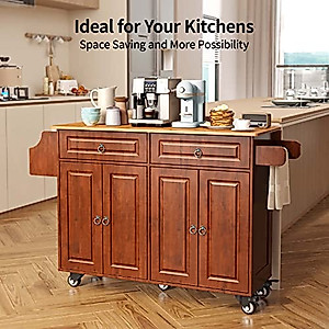 Aiho Kitchen Island Cart with Storage, 52’’ Mobile Carts with Rolling Kitchen Table with Towel Rack, Spice Rack, Drawer, Large Storage Cabinet, Brown