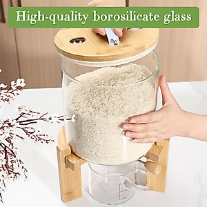 Zhehao 2 Pcs Glass Rice Dispenser 5L Flour Cereal Rice Storage Container Creative Rice Holder with Wooden Stand, Airtight Lid and Measuring Cup for Pantry Sugar Coffee Beans Kitchen Food Organization