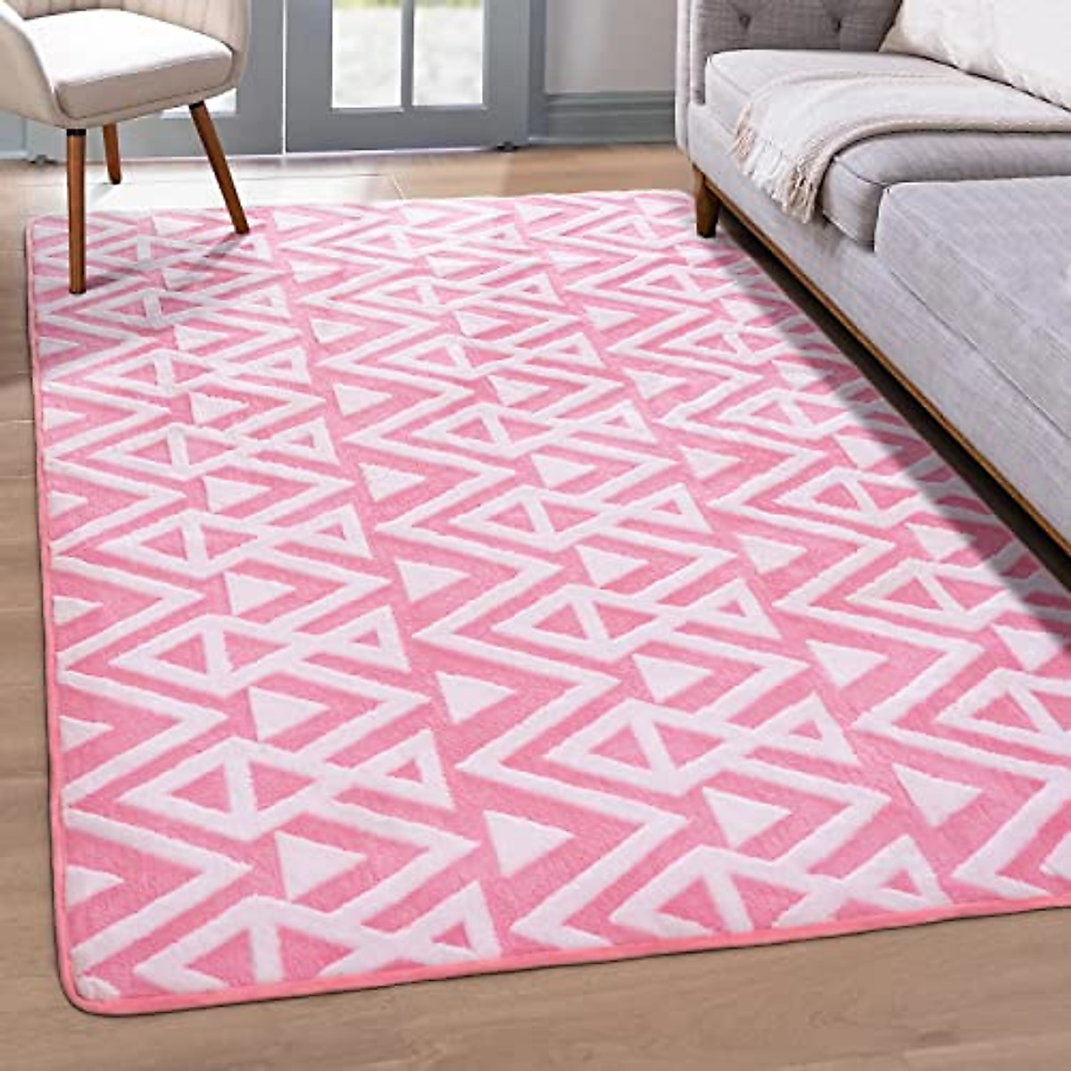 Unirea Geometric Shag Area Rugs, Pink Rugs for Bedroom Girls, 3x5 Feet Machine Washable Small Rug Memory Foam Fluffy Carpet for Kids Living Room Dorm Nursery Bedside Play Mat Accent Home Decor