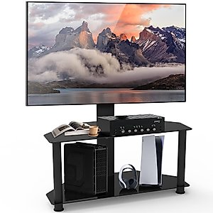 Universal Floor TV Stand with Height Adjustable and Media Shelf for 32-70 inch Flat Screen TV, Swivel TV Mounts Stand with Solid Wood Base for Living Room (Walnut)