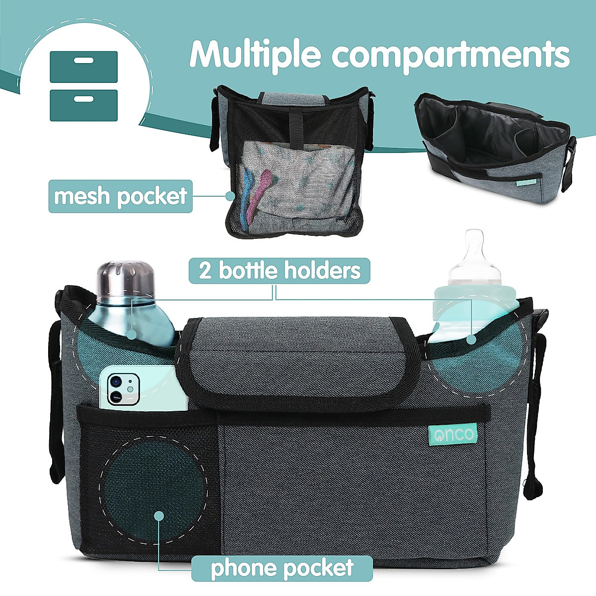 Onco Stroller Organizer with Stroller Cup Holder - Universal Stroller Caddy with Stroller Phone Holder, Stroller Caddy Organizer with Cup Holder, Stroller Accessories & Baby Essentials, Stroller Bag