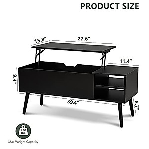 CLIKUUTORY Modern Black Lift Top Coffee Table with Hidden Compartment and Adjustable Storage Shelf, Mid Century Rustic Dining Table with Wood Legs for Home, Living Room, Office