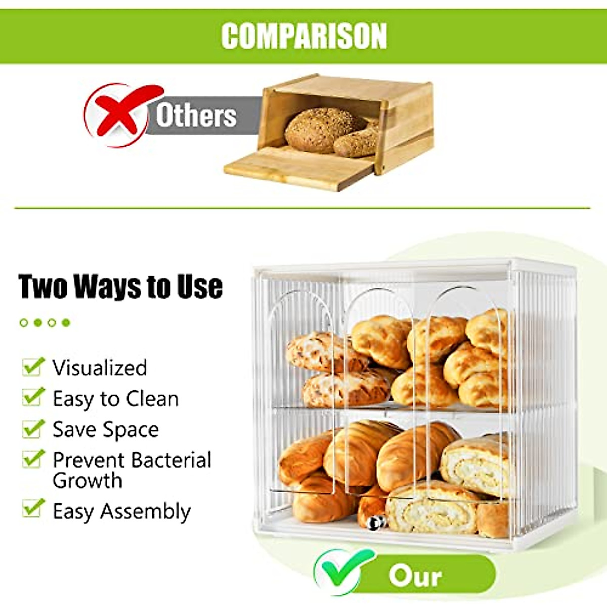 Double Layer Bread Box for Kitchen Countertop, Clear Bread Container, Large Bread Storage, Bread Boxes for Kitchen Counter