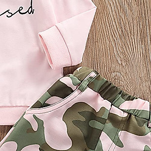 Mandizy Kids Toddler Girl Spring Fall Outfits Blessed Letter Print Long Sleeve Sweatshirt Tops and Camouflage Pants Clothes Set (Pink, 3-4T)