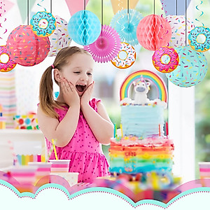 20 Pcs Donut Birthday Party Decorations, 8 Pcs Donut Lanterns Sprinkle Hanging Paper Lanterns, Honeycomb Ball, 2 Pcs Party Paper Fans, 10 Pcs Donut Hanging Swirl for Baby Shower Ice Cream Party