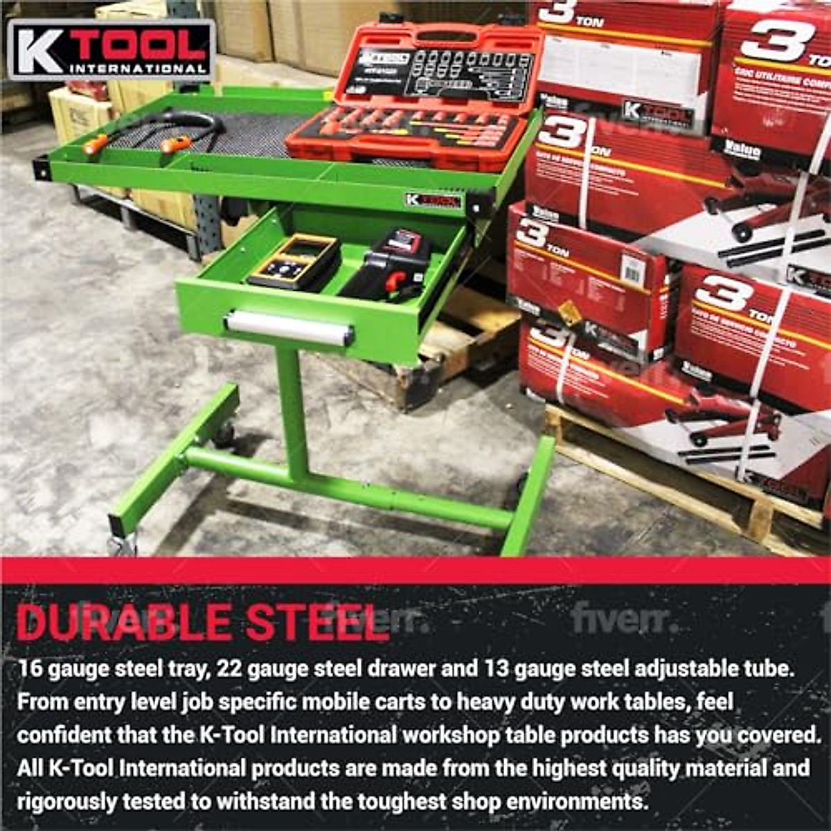 K Tool International 75108 Adjustable Tear Down Work Table with Drawer for Garages, Repair Shops, and DIY, Portable, (4) 2" Swivel Casters, 200 Pound Capacity, Rubber Corners, Heavy Duty Steel, Green