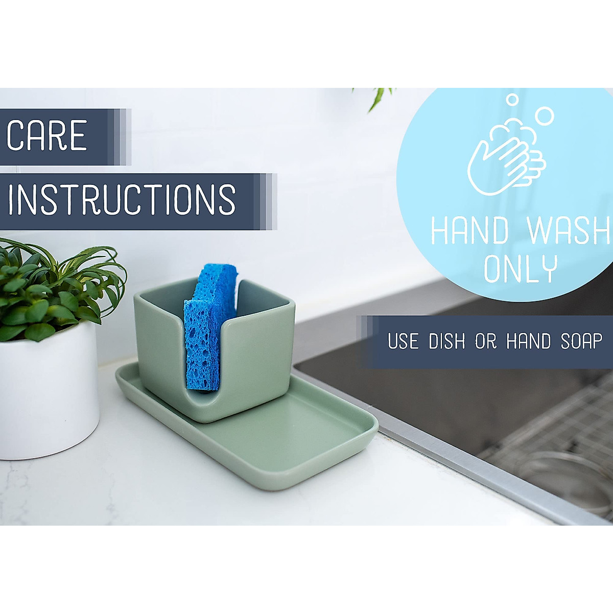 Nat & Jules Kitchen & Bathroom 8 x 4.5 Ceramic Sink Caddy Set of 2 - Stylish Household Essentials for Organization and Storage for Shower, Mudroom, Bath & Kitchen Counter Sink, Sage Green